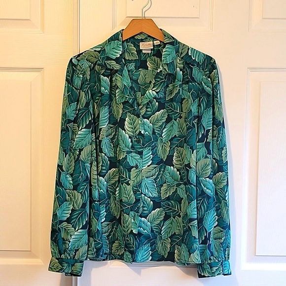 Pykettes | Tops | Vintage Pykettes Long Sleeve Green Leaves Silk Blouse ...